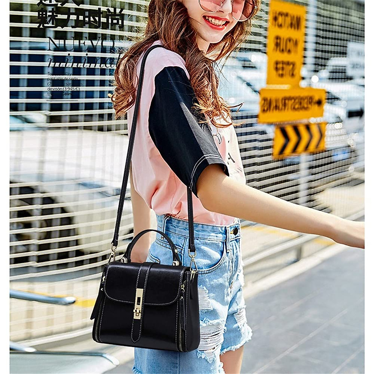 JIUFENG Top Handle Satchel Handbag Crossbody Bag for Women, Leather Purses for Women, Tote Bag for Women (Black)