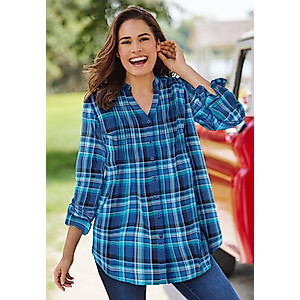 Woman Within Women's Plus Size Pintucked Flannel Shirt - 2X, Vivid Red Buffalo Plaid
