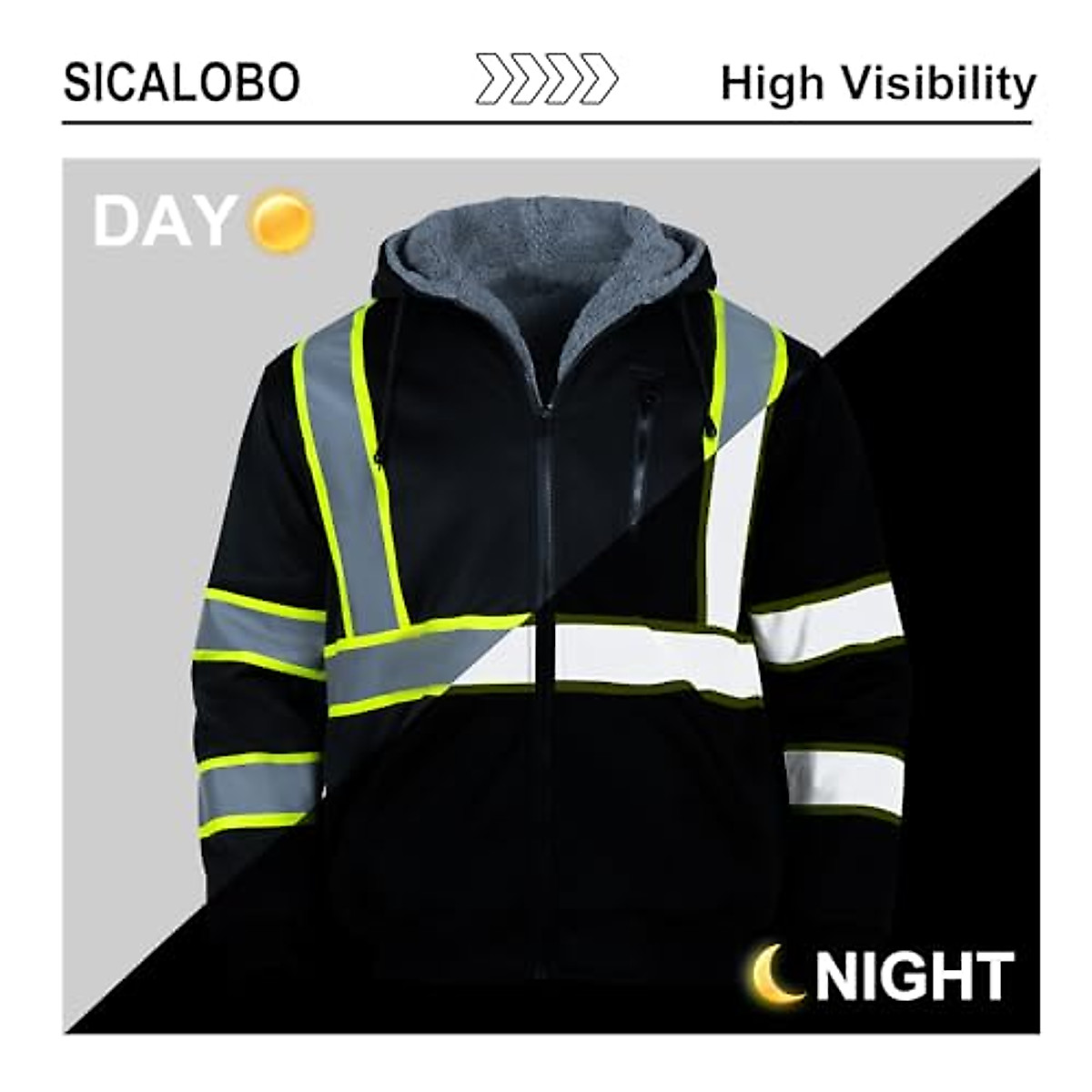 Sicalobo Men's High Visibility Fleece Lined Safety Hoodie,Reflective Winter Bomber Jacket,Hi Vis Construction Workwear(Black,2XL)