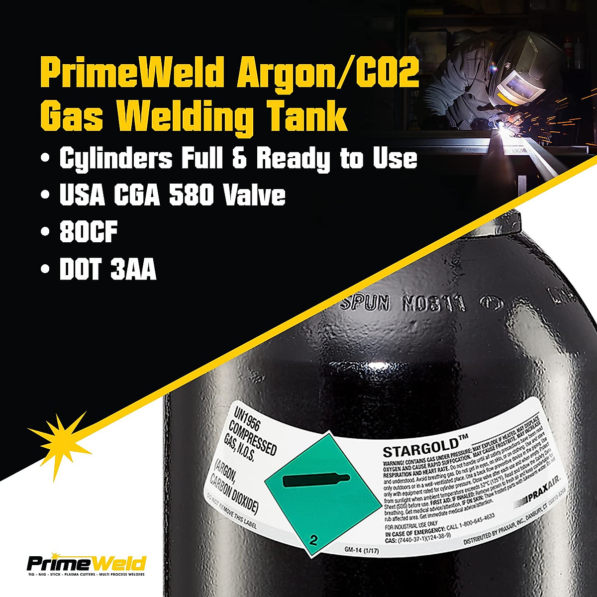 PrimeWeld 75% Argon 25% CO2 Bottle 80CF | DOT 3AA | USA CGA 580 Valve | Best Gas Blend for MIG Welding | Cylinders Full & Ready to Use
