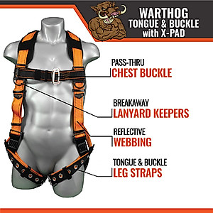 Malta Dynamics Warthog Safety Harness Fall Protection, Tongue Buckle Legs & X-Pad, Full Body Harness, OSHA/ANSI Compliant (Tongue Buckle Legs & X-Pad, Large-XLarge)