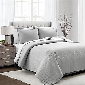 Lush Decor Farmhouse Box Stitch and Stripe Oversized Reversible Cotton 3 Piece Quilt Set, Full/Queen, Gray