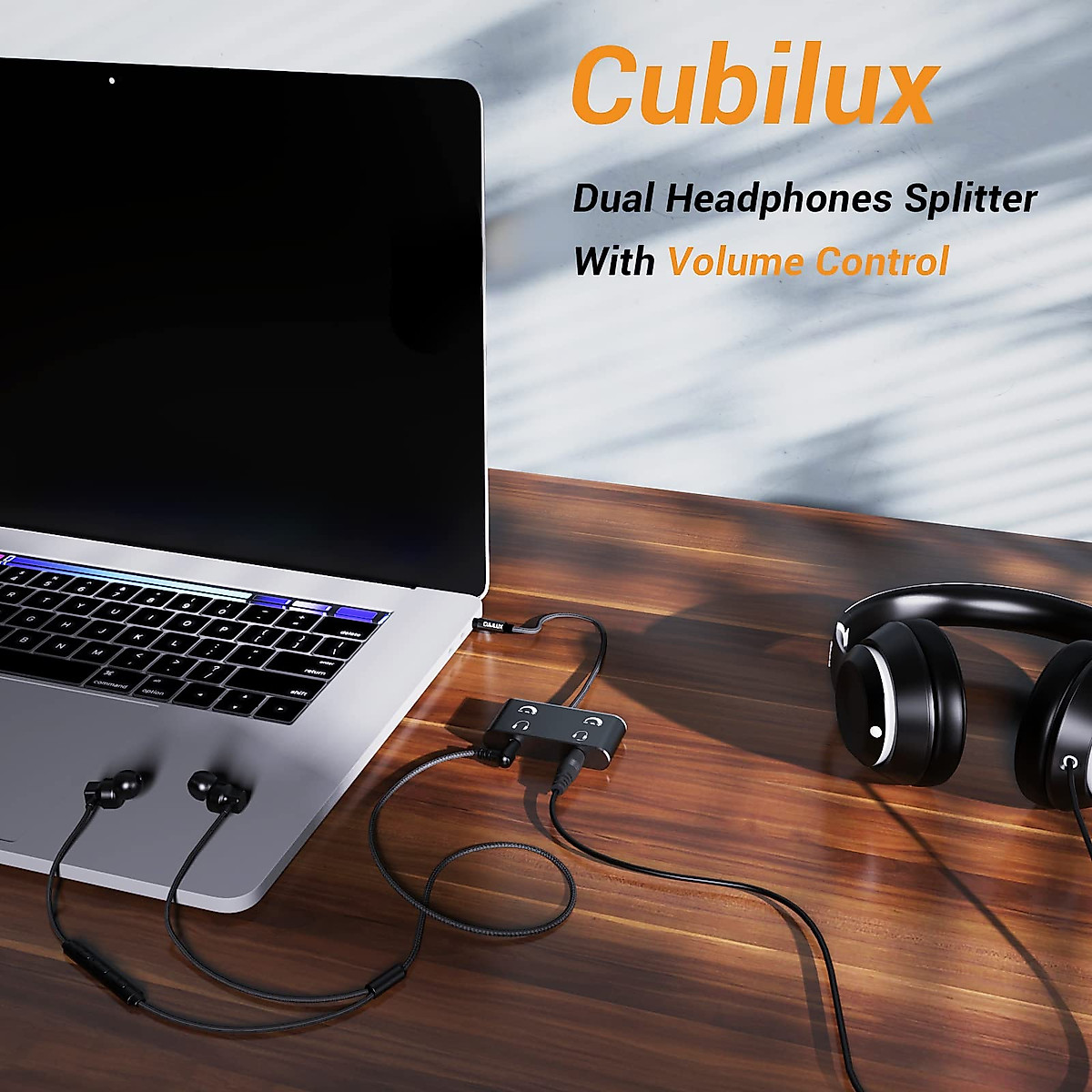 Cubilux 3.5mm Dual Headphone Splitter, Volume Control, Compatible with Laptops, Tablets, Phones