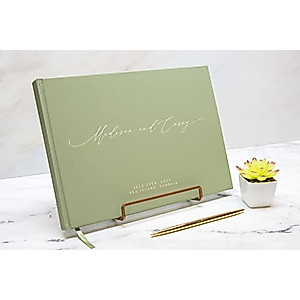 MUUJEE Personalized Guestbook in Sage - Premium Custom Modern Guest Book for Wedding Reception, Birthday Party or Events w/Bookmark Blank Pages for Signing 11.5 x 8.5 inches