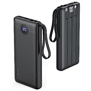 VRURC Portable Charger with Built in Cables, 10000mAh Ultra Slim USB C Power Bank,5 Output 2 Input LED Display External Battery Pack Phone Charger Compatible with Smart Devices and Cell Phones-Black