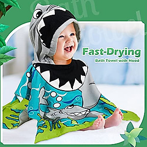 3 Pack Kids Hooded Towel 47 x 24 Inch Baby Beach Bath Towel for Girls Boys Thicker Toddler Swim Towels Ponchos with Hood Cotton Pool Bath Towels Poncho for 1-7 Years (Shark, Astronaut)