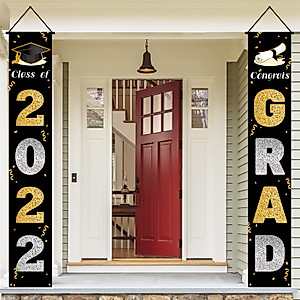 2022 Graduation Decorations Banner, Class of 2022, Congrats Grad Banner, Graduation Hanging Flag Porch Sign, Graduation Party Decorations Supplies for Indoor/Outdoor/Home/Door/Wall Decor (Black Gold)