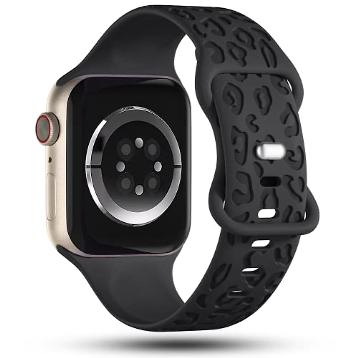 CreateGreat Engraved Bands Compatible with Apple Watch Band 41mm 40mm 38mm, Leopard Carve Pattern Soft Silicone Strap Compatible with iWatch Series 8 7 6 5 4 3 2 1 SE, Women Men,Leopard-Black