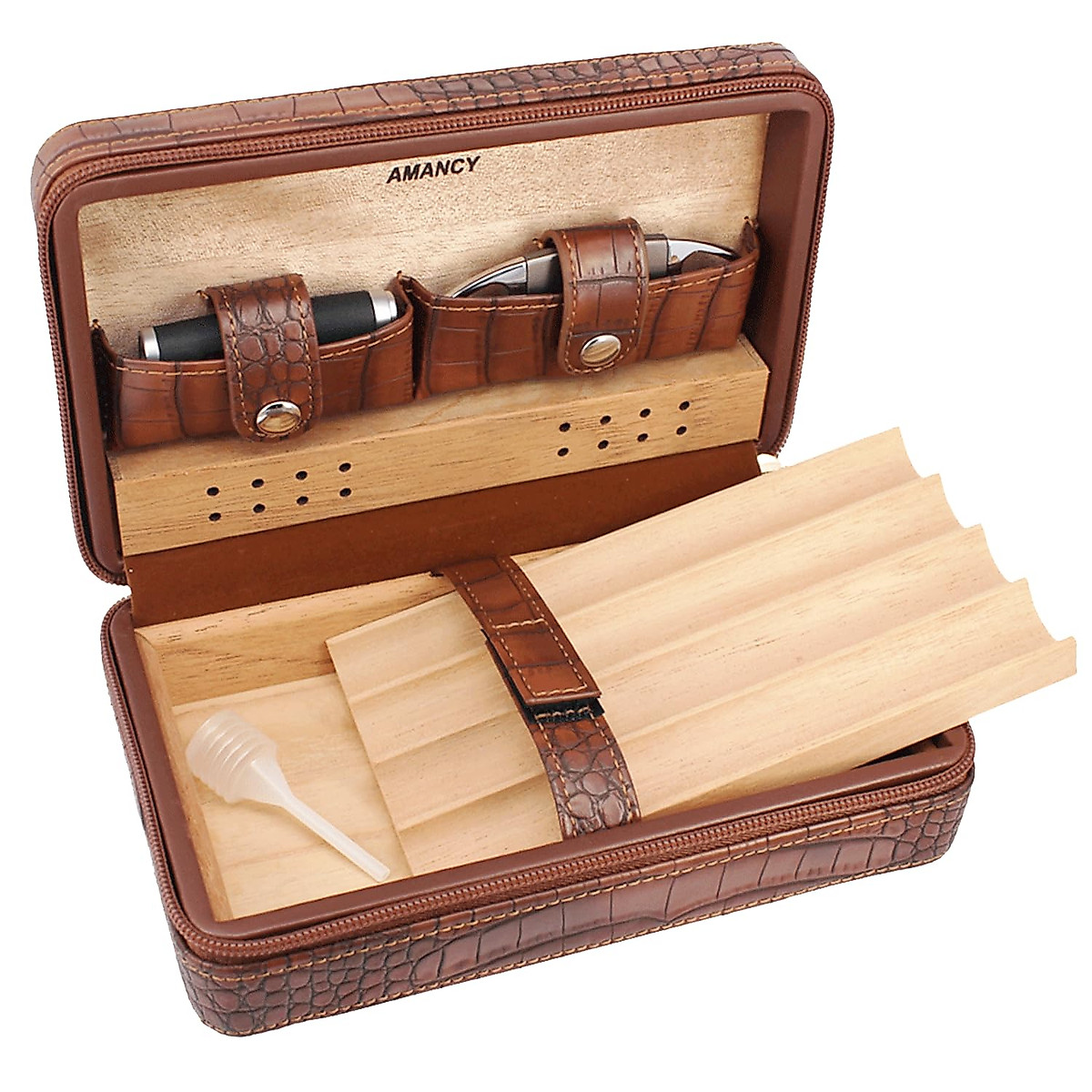 AMANCY Premium Brown Leather Travel Cigar Case,Luxury Portable Cigar Humidor W/Quality Cigar Cutter Lighter Set