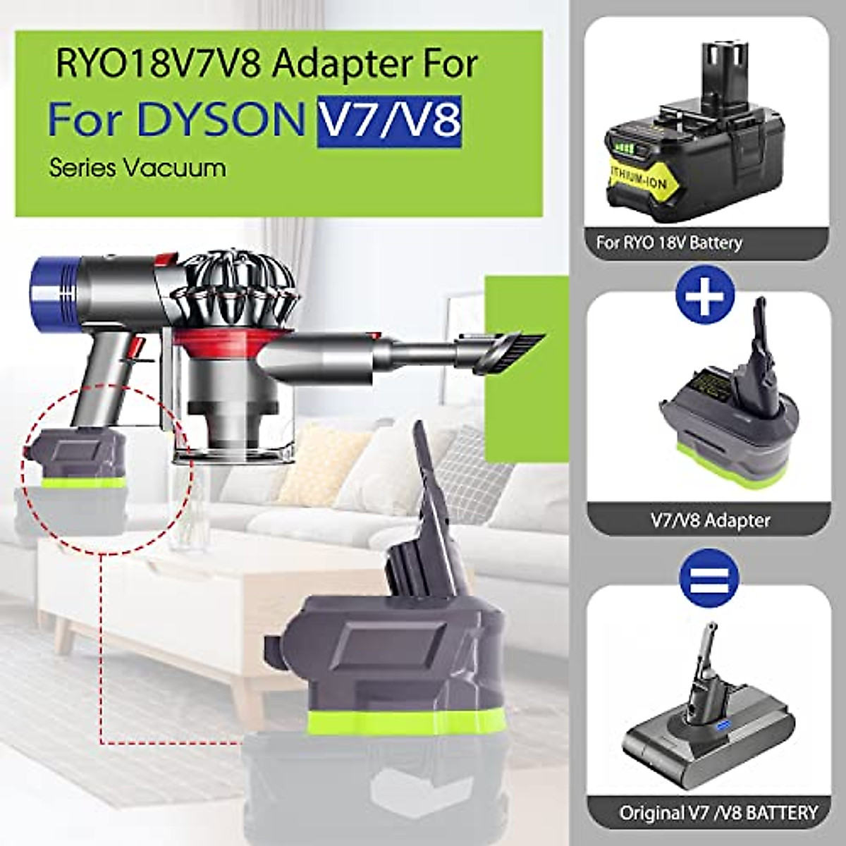 2-in-1 V7/8 Adapter for Ryobi 18V Lithium Battery Convert to for Dys0n V7/8 Handheld Vacuum Cleaner Battery Compatible with V7/8 Animal V7/8 Absolute V7/8 Motorhead Pro V7/8