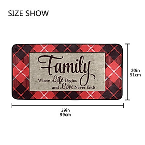 Sinestour Red Buffalo Plaid Kitchen Rugs Non Slip Kitchen Mats Family Doormat Bathroom Runner Area Rug for Home Decor, Washable, 39 x 20 Inch