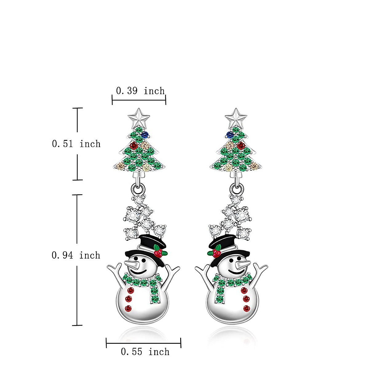 Christmas Tree Snowman Earrings for Women Sterling Silver Tree with Star Holiday Dangle Drop Earrings Winter Colorful CZ Xmas Gift