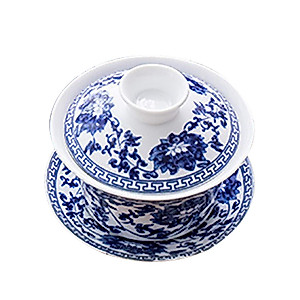 MULHUE Lotus Design Chinese Porcelain Teacups Gaiwan Flower Tureen Tradition Sancai Cover Bowl Lip Cup Saucer Tea Set Loose tea Blooming(320ml)