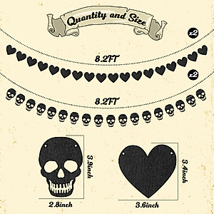 K1tpde 4PCS Gothic Black Heart Skull Garland Banner Kits Black Felt Heart Garland Banner for Valentines Black Felt Skull Garland Banner for Gothic Birthday Party Decorations Halloween Home Decor