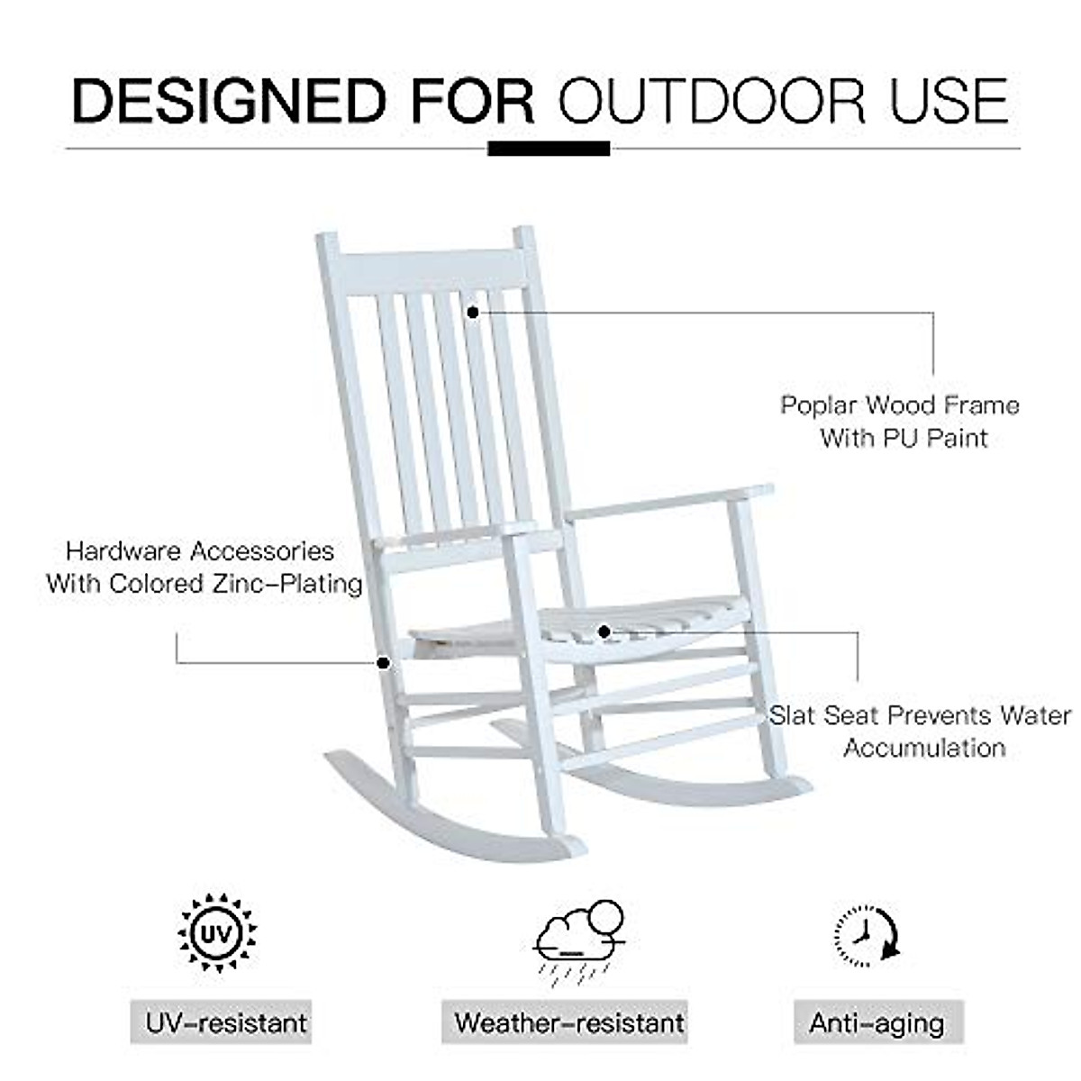 Outsunny Outdoor Rocking Chair, Wooden Rocking Patio Chairs with Rustic High Back, Slatted Seat and Backrest for Indoor, Backyard, Garden, White