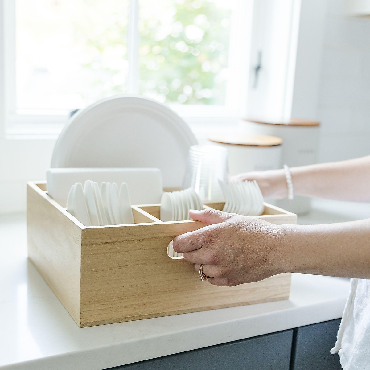 Large Wooden Silverware Caddy For Party, Holds Plates, Napkins, Cups, Forks, Spoons, and Knives, Utensil Holder for Party, Hosting Essentials, Cutlery Holder for Party, Flatware Caddy, Utensil Caddy