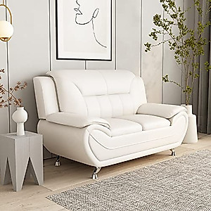 Container Furniture Direct Michael Modern Faux Leather Upholstered Stainless Steel Legs Living Room Loveseat, Cream White