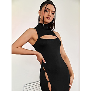 Verdusa Women's Mock Neck Cut Out Split Thigh Sleeveless Long Bodycon Dress Black S