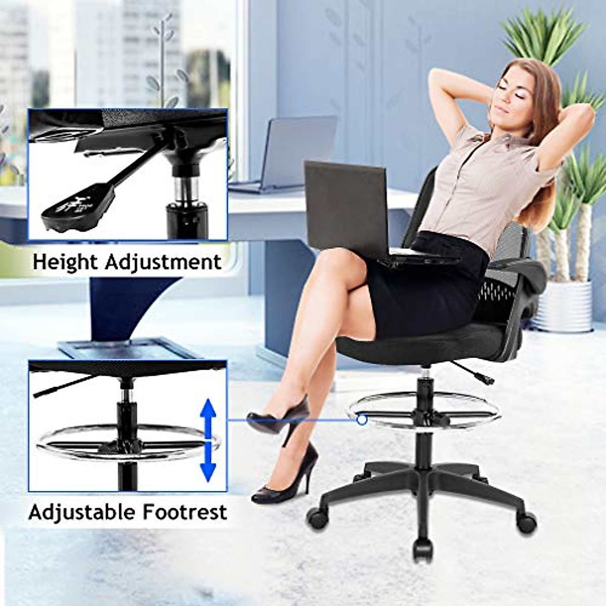 Ergonomic Mid Back Drafting Chair Mesh Computer Desk Tall Office Chair with Lumbar Support & Foot Ring Height Adjustable Rolling Swivel Drafting Stool Task Work Executive Chair for Standing Desk