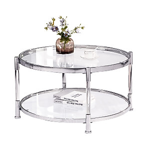 MISPACIO Tempered Glass Round Coffee Table, 32" Modern Acrylic Legs Circle Coffee Table with Clear Glass Top for Storage, Circular Center Table with Open Shelf for Living Room