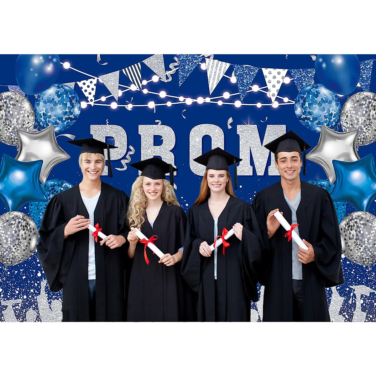 INRUI Prom 2024 Photography Background Blue and Silvery 2024 Prom Night Banner Glitter Balloons Flags Graduation Prom Party Decorations Backdrop (7x5FT)