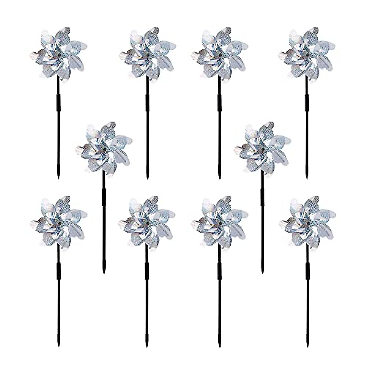 10 Pack Reflective Pinwheels with Plastic Stakes| 19.7 inch Pre-Assembled Sparkle Pin Wheel Set | Scare Off Birds and Animals Away | Decorative for Garden, Yard, Lawn