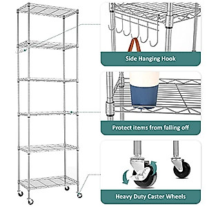 Homdox 6-Tier Storage Shelf Wire Shelving Unit Free Standing Rack Organization with Caster Wheels, Stainless Side Hooks, Silver Gray