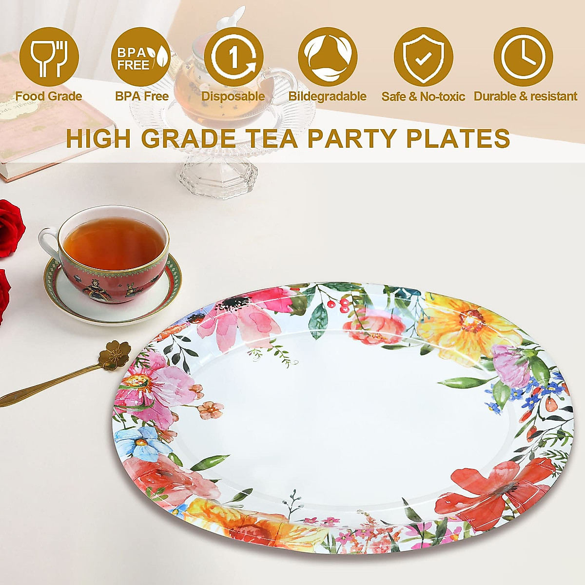 Boosolo Floral Paper Plates Party Supplies Bulk,Spring Floral Bridal Shower Decorations,12 in Large Oval Disposable Party Plates for Mothers Day Wedding Spring Tea Party Decor …