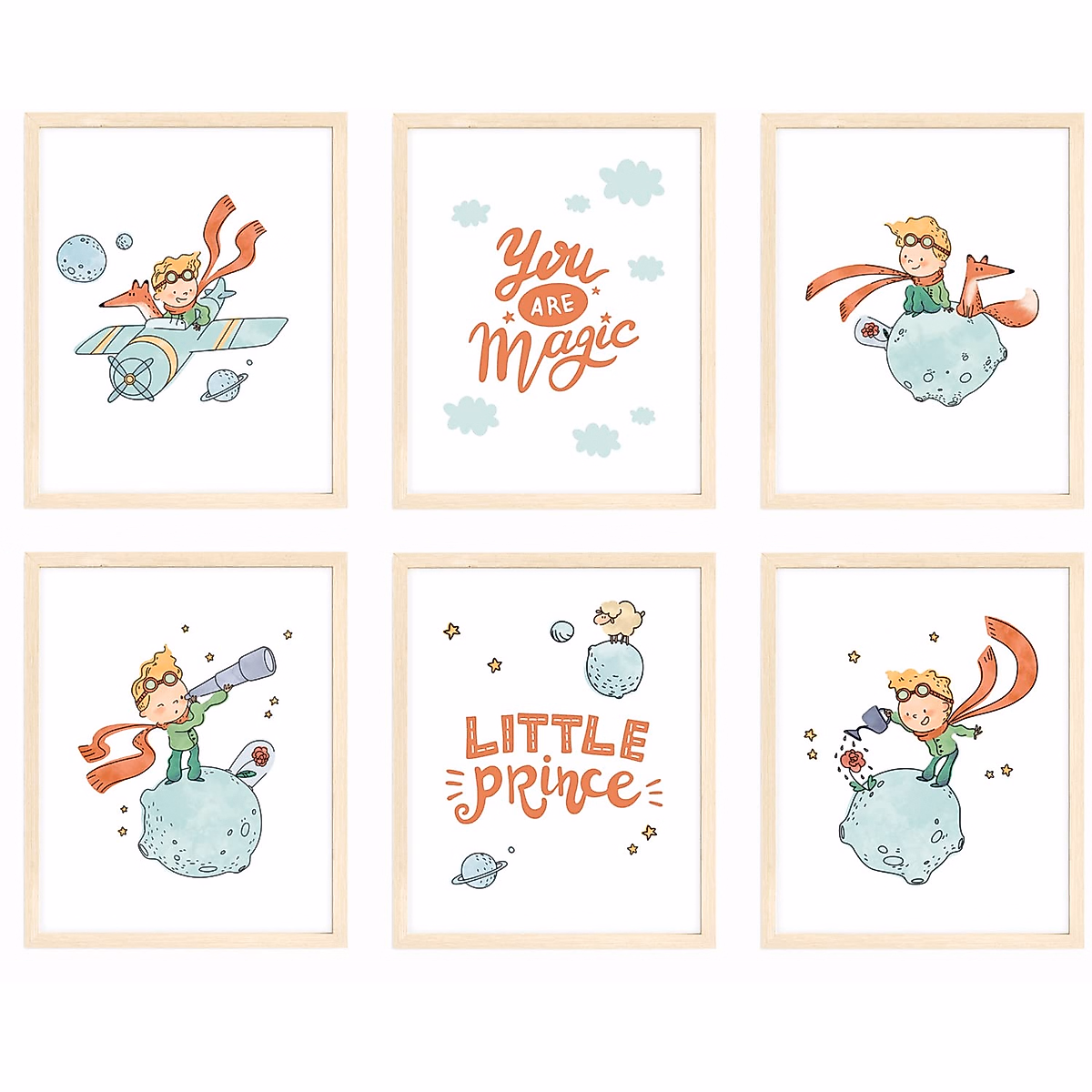bumbleboo Nistio® Little Prince Nursery Wall Art, Little Prince Playroom Decor, Little Prince Posters, Set of 6 UNFRAMED Prints, 8x10