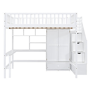 Harper & Bright Designs Full Loft Bed with Stairs and Wardrobe, Wooden Full Size Loft Bed with Desk Underneath, Loft Bed with Storage Staircase and Shelves for Girls Boys Teens,White
