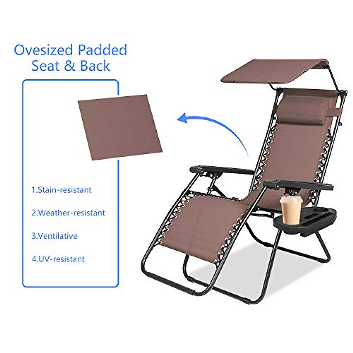 Zero Gravity Chairs Set of 2 Clearance with Sunshade Canopy and Cup Holder Tray Padded Adjustable Antigravity Lounge Folding Chair Patio Lounge Chair for Outdoor, Camping, Patio, Lawn, Brown