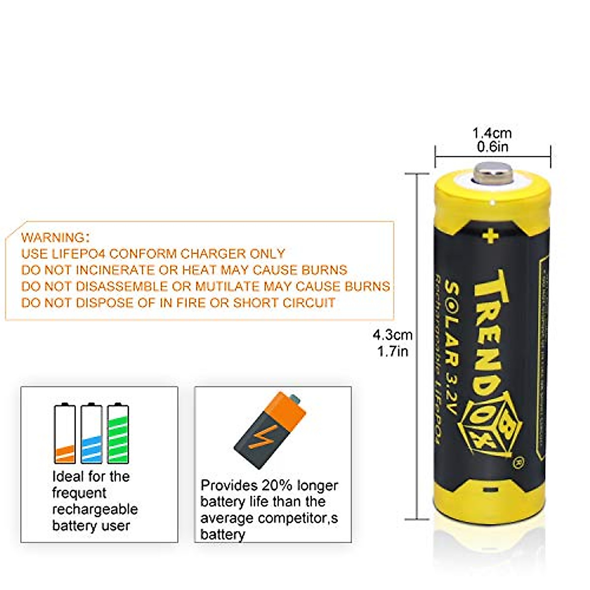 TRENDBOX 14430 3.2V 450mAh Battery LiFePo4 Rechargeable Solar Batteries for Outdoor Garden Light 8 Pack
