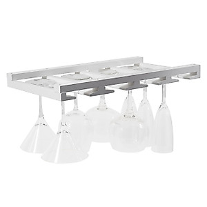 Rustic State Eze 4 Sectional Adjustable Under Cabinet Mount Wood Stemware Rack Hanging Shelf Glassware Holder Bar Organizer with up to 12 Wine Glass Storage 10 Inch Deep White