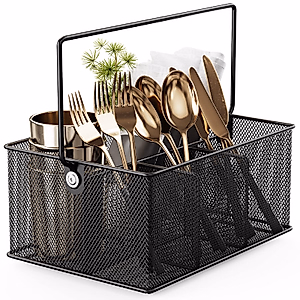 FURNINXS Utensil Caddy, Cutlery Silverware Caddy with 4 Compartments, Mesh Flatware Holder Organizer Perfect for Home, Kitchen, Countertop, Party, Camping, Outdoor and Restaurant (Black)