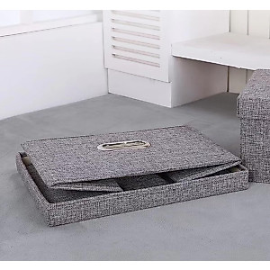 Grey Collapsible Storage Box with Lid, Cotton Linen Washable Dorm Office Bedroom Organizer