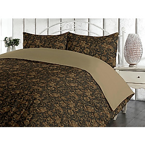 Ambesonne Paisley Themed Duvet Cover Set, Boho Damask Inspired Grunge Flowers Vintage Pattern Print, Reversible 3 Piece Bedding Set with 2 Pillow Shams, King, Charcoal Grey and Dark Khaki