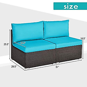 Tangkula 2 PCS Outdoor Wicker Armless Sofa, Patio Rattan Sectional Sofa Set w/2 Thick Seat Cushions and 2 Back Cushions, Additional Seats for Balcony Garden Patio Poolside (Turquoise)