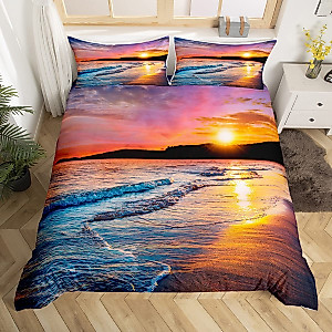 Erosebridal Sunset Duvet Cover Blue Ocean Bedding Set Queen Size Hawaii Beach Comforter Cover Set for Boys Girls Youth,Sea Wave Bed Set Afterglow Scenery Bedroom Decor，Yellow Orange Purple Red