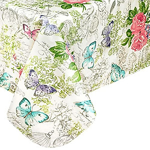 Newbridge Victoria Easter Pastel Rose Floral Vinyl Flannel Backed Tablecloth - Roses and Butterfly Spring French Country Print Vinyl Tablecloth with Flannel Backing, 60” x 102” Oblong/Rectangle