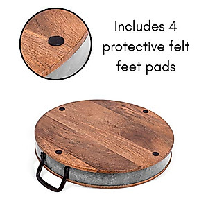 BIRDROCK HOME Wooden Serving Tray with Handles - Iron Accents - Round Barrel Top Breakfast Trays - Tea Cheese Board - Coffee Table Décor - Natural Wood with Iron - Kitchen - Bar - Large