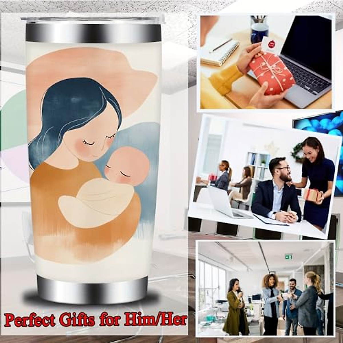 FOCIUZTA 20oz Whimsical Maternal Illustration Tumbler with lid, Travel Coffee Cup, Ideal for Easter, Mother Day, and birthday gifts