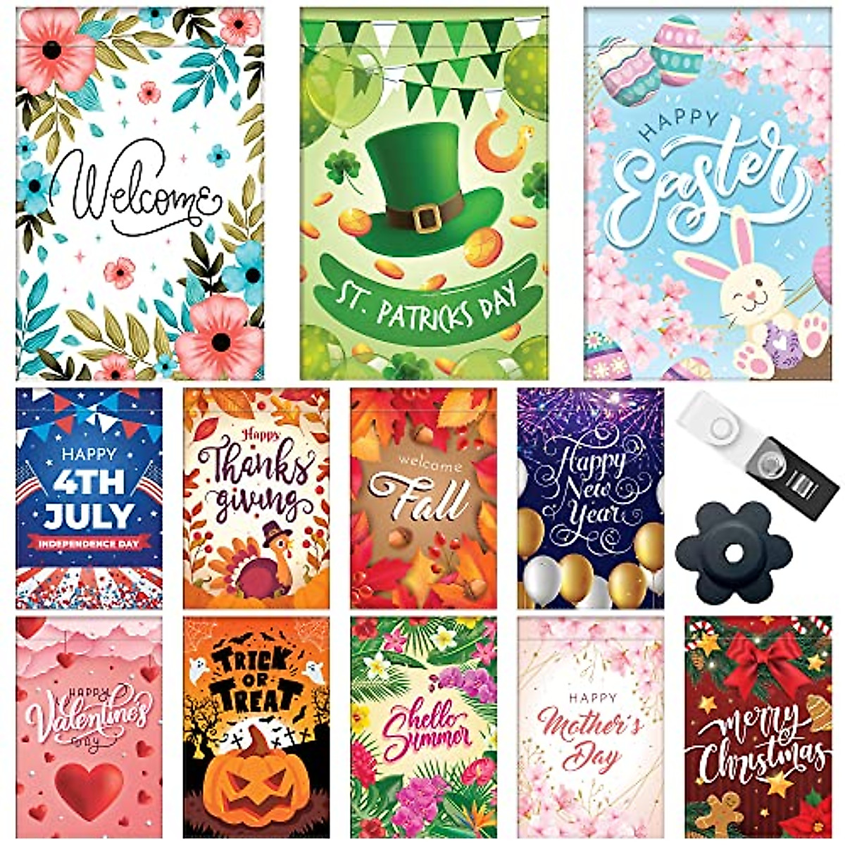 Yard Flags with Anti-Wind Clip and Stopper, Garden Flags, Garden Flag Set, Yard Flags for All Seasons 12x18, Seasonal Garden Flags Set, Seasonal Garden Flags, Garden Flags Set (12 Flags Set)