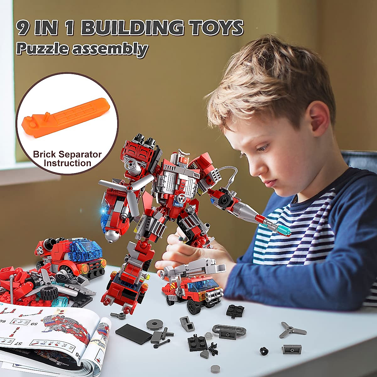 REMOKING Building Toys, STEM 9-in-1 Fire Truck Robot Building Block Model Kit Toy, Learning Educational 642 Pcs Building Bricks Gifts for Kids Boys Girls Ages 6 7 8 9 10 11 12 Years Old