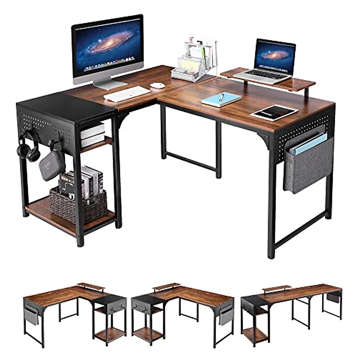 It's_Organized Reversible L Shaped Desk with Monitor Stand,58x47 inch Corner Desk,Study Writing Computer Table with Storage Shelves for Home Office,Rustic Brown/Black