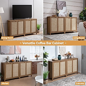 SICOTAS Rattan Sideboard Buffet Credenza Cabinet - 2 Pieces Farmhouse Kitchen Coffee Bar Cabinet with Rattan Decorated Doors - Boho Chest Storage Buffet Cabinet - Oak
