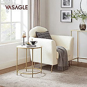 VASAGLE Round Side Table, End Table with Metal Frame, Small Coffee Accent Table, Nightstand, Bedside Table, Easy Assembly, for Living Room, Bedroom, Modern Style, Gold and White ULET282A10
