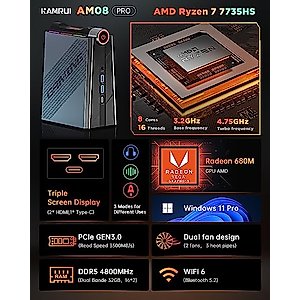 KAMRUI Ryzen Mini PC Gaming,32GB DDR5 Dual Channel 512GB SSD Mini Computer Tower with AMD Ryzen 7 7735HS, Small Desktop Computers Support 4K Triple Screen,RGB Lights,WiFi6,BT5.2,Type C,Windows 11 Pro