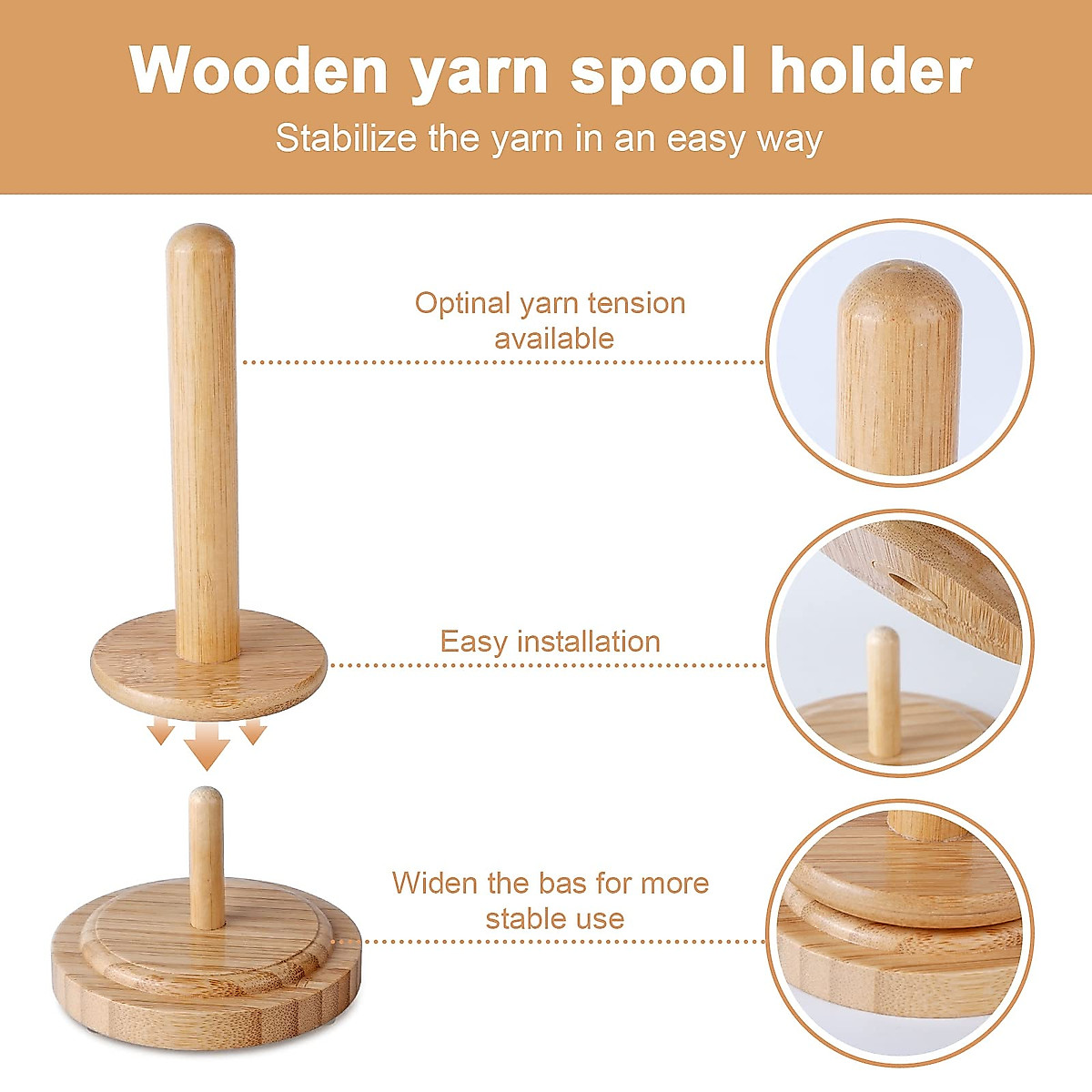 PhantomSky Wood Yarn Dispenser Yarn Spinner Wool Thread Holder Yarn Ball Holder with 8 PCS Crochet Hooks Set for Knitting, Crochet