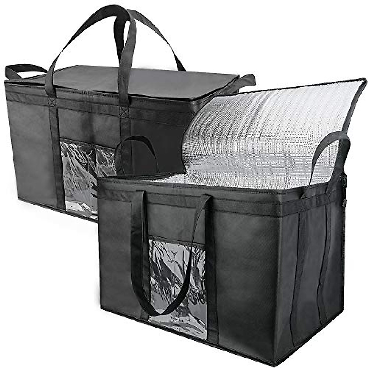 Insulated Food Delivery Bag for Hot and Cold Meal, Grocery Tote Insulation Bag for Catering, Large Pizza Warmer Black 2 Pack