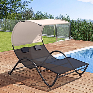 Tangkula 2 Person Lounge Chair with Canopy, Outdoor Chaise Lounge with 2 Detachable Pillows, UPF50+ Extra Large Double Patio Hammock Sunbed Chair with 2 Wheels for Backyard, Poolside